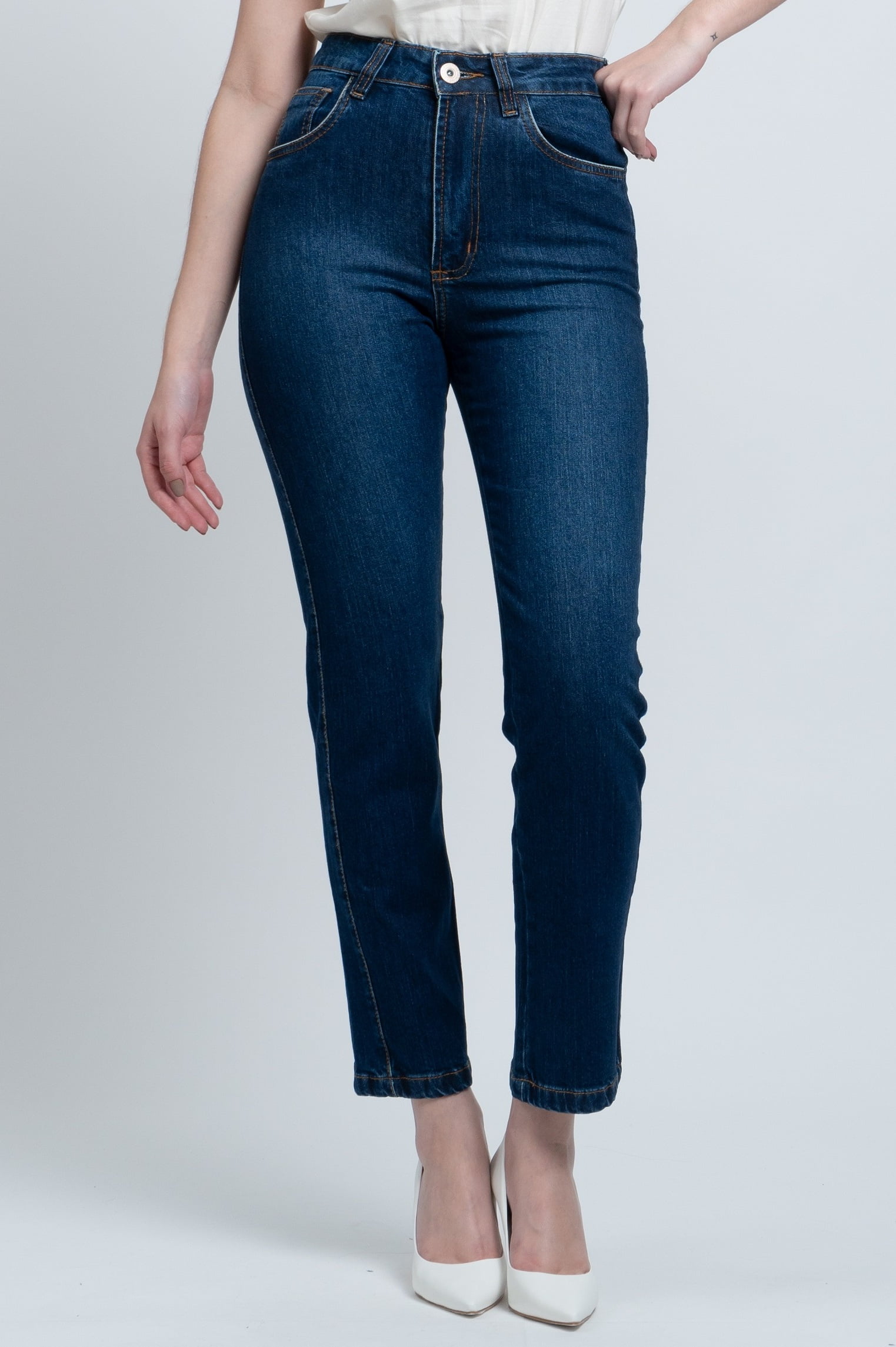 Calça Jeans Reta Feminina Cropped F2023185 - Oxiblue Jeans