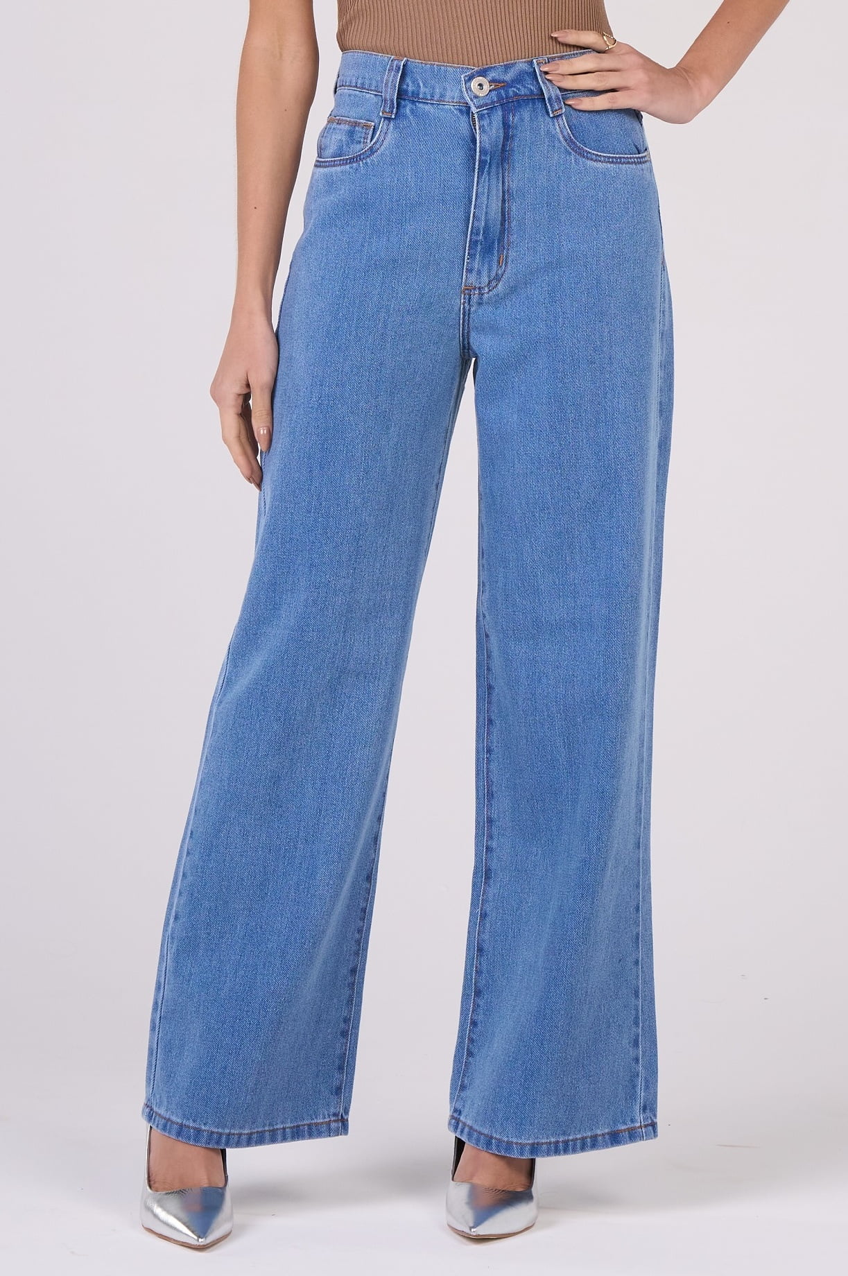 Calça Wide Leg Jeans Azul Claro F24100 - Oxiblue Jeans