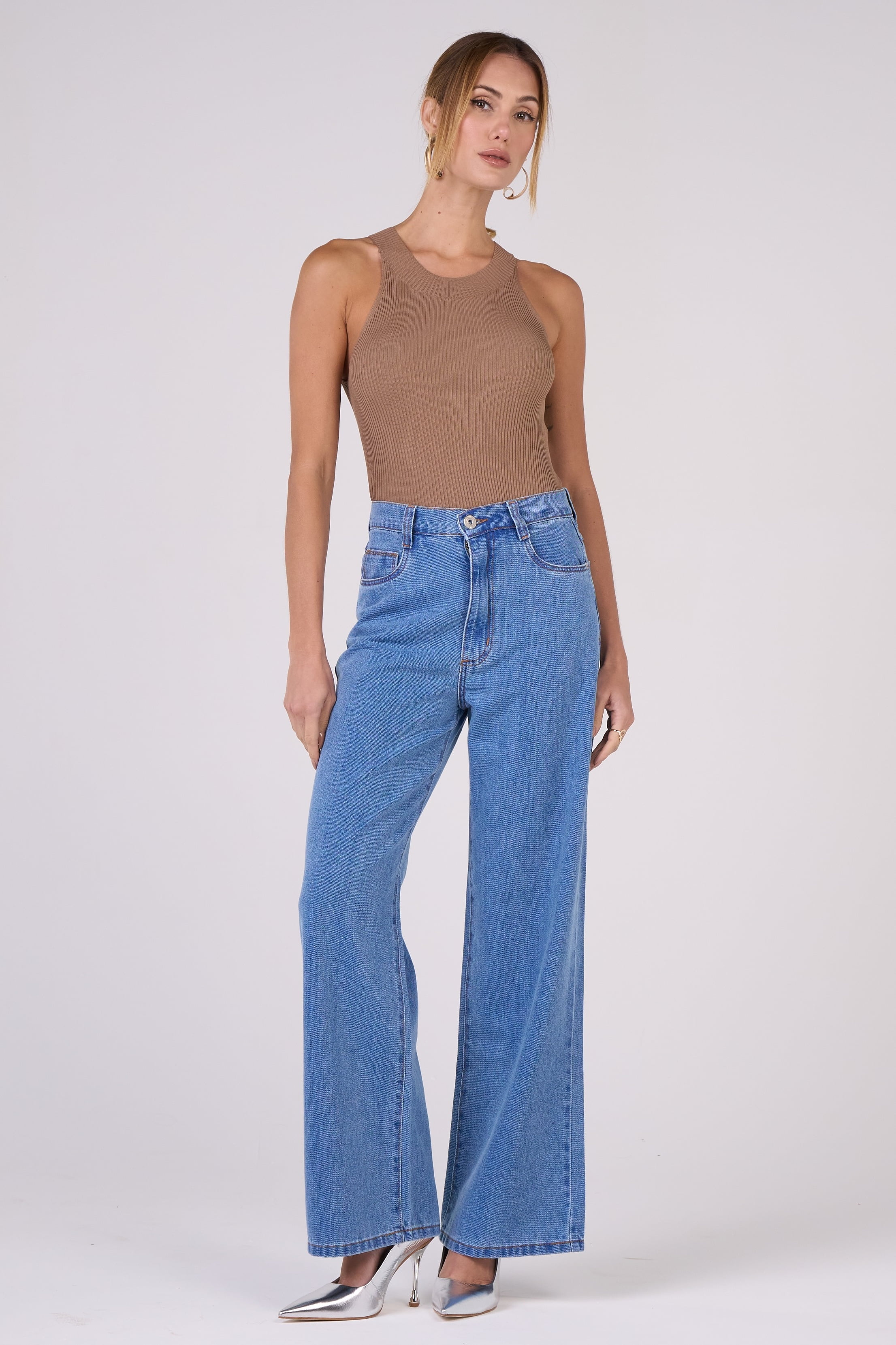 Calça Wide Leg Jeans Azul Claro F24100 - Oxiblue Jeans