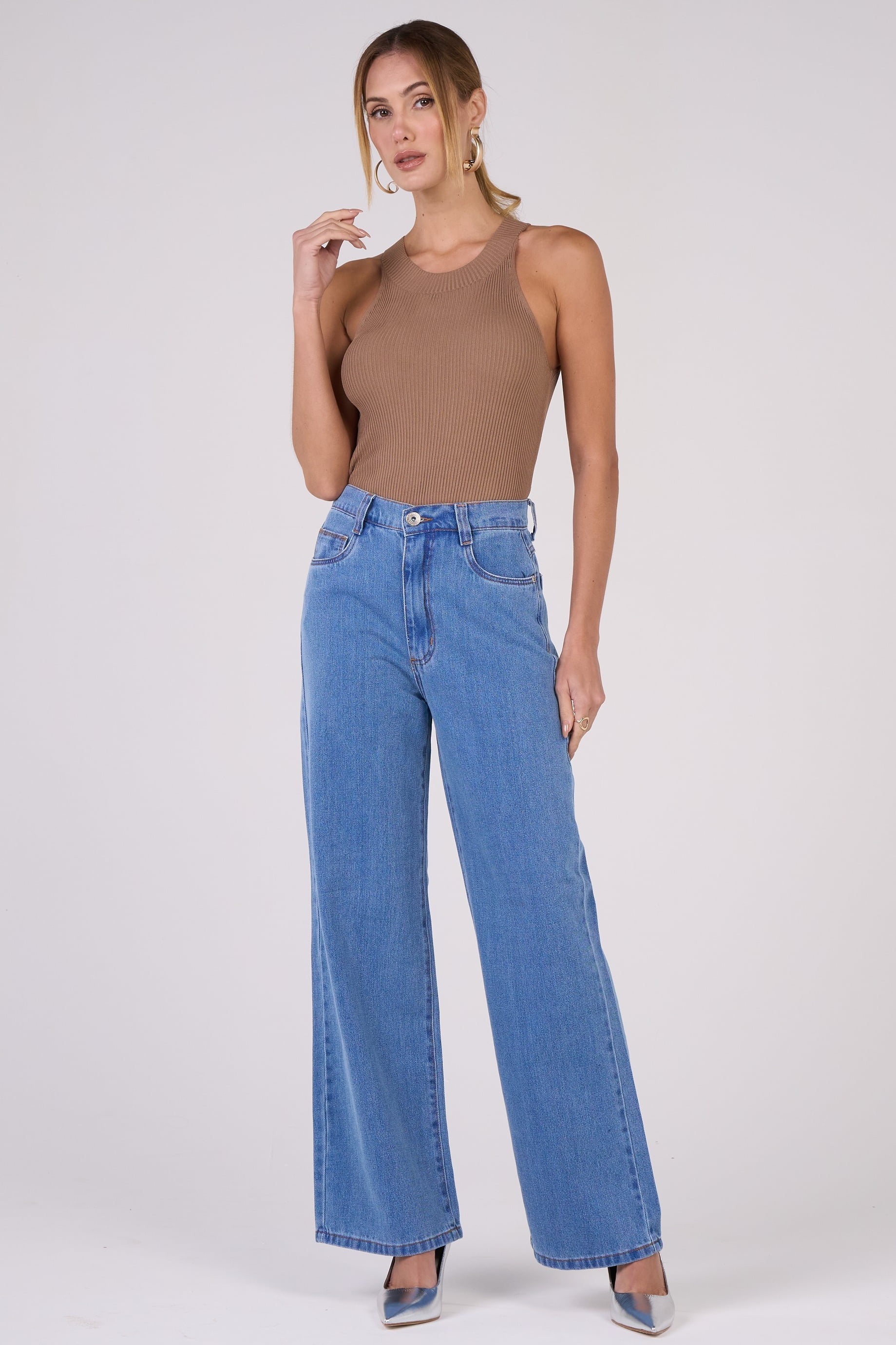 Calça Wide Leg Jeans Azul Claro F24100 - Oxiblue Jeans