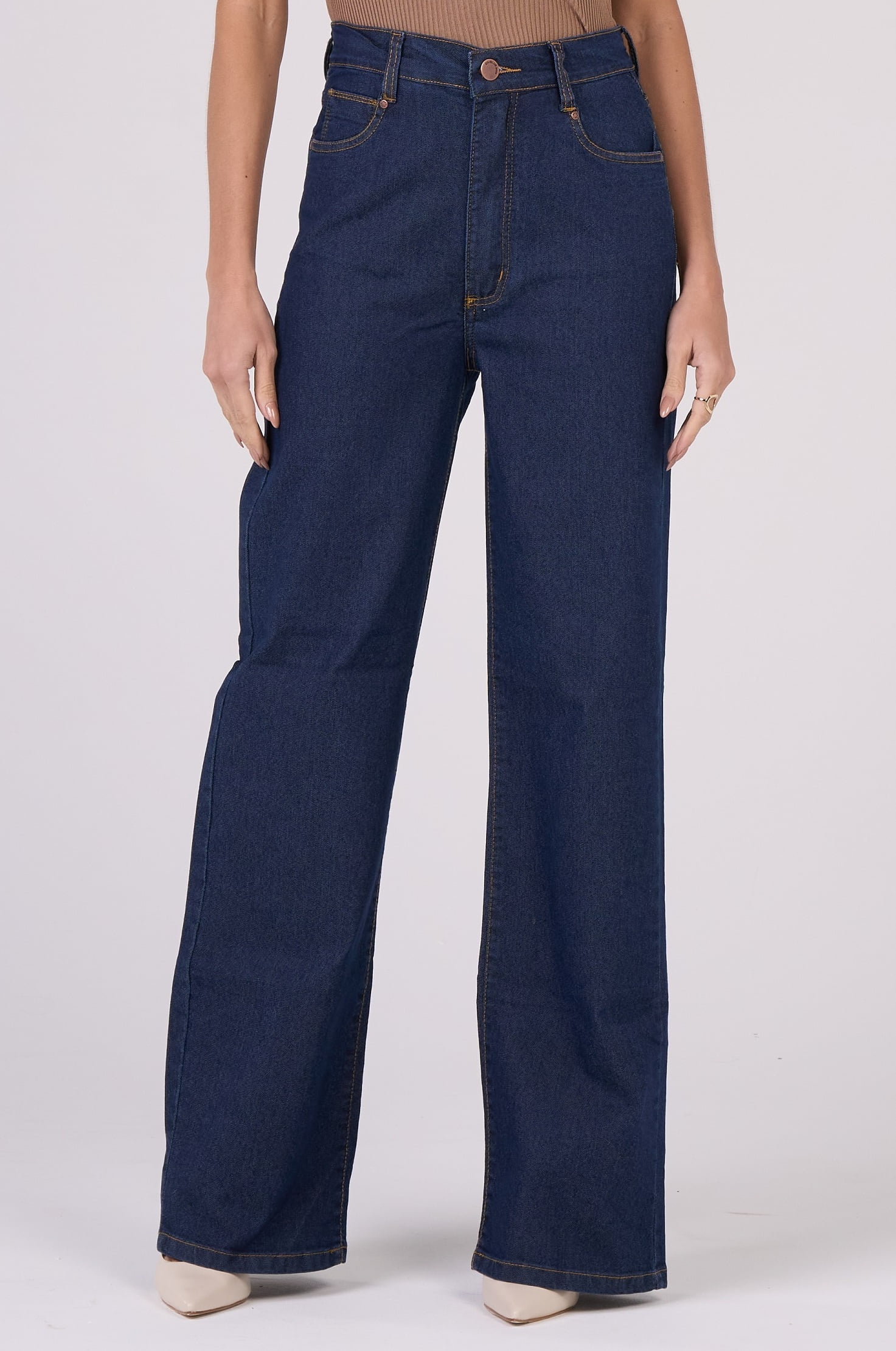 Calça Wide Leg Jeans Azul Escuro F2959 - Oxiblue Jeans
