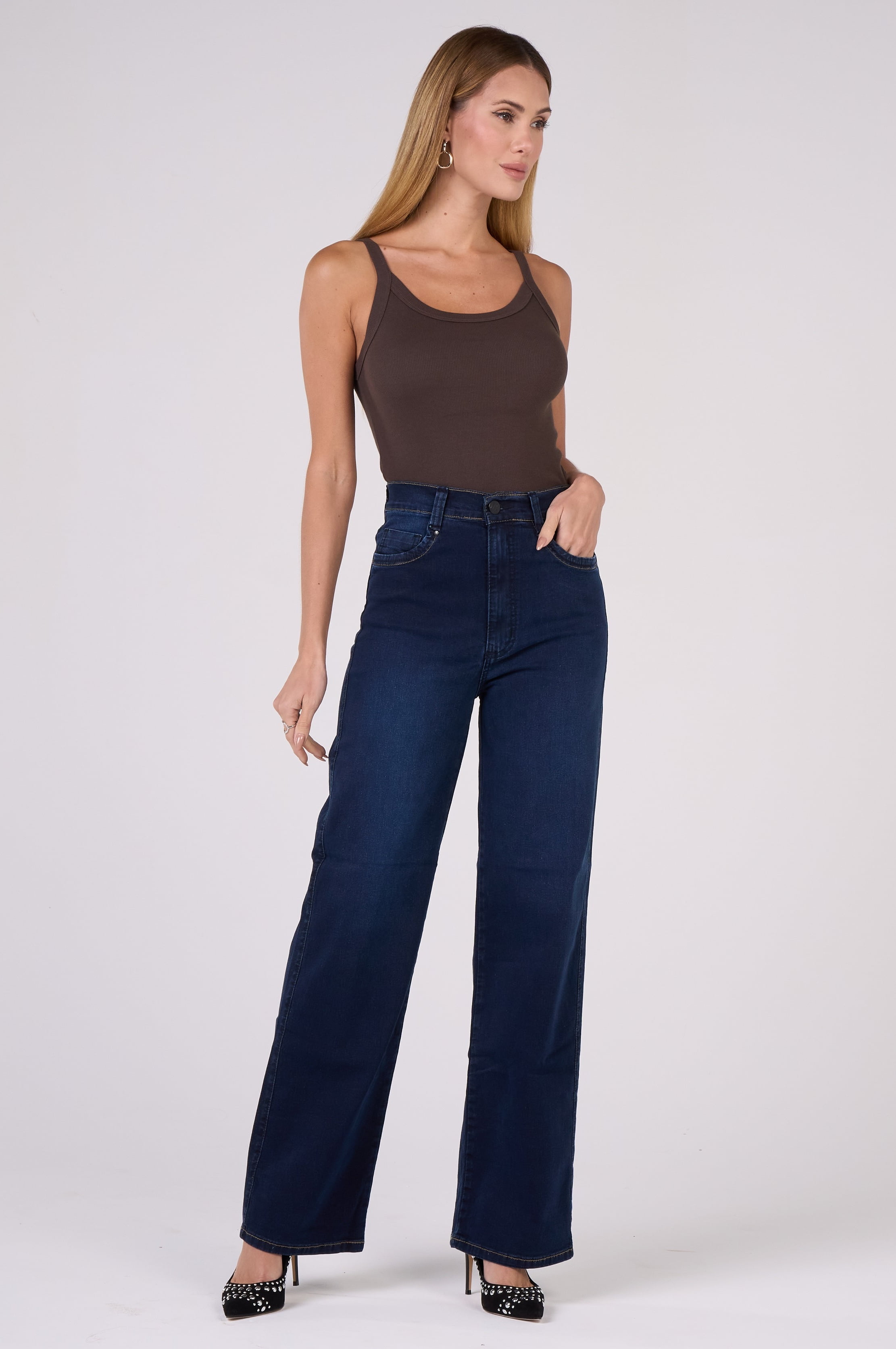 Calça Wide Leg Jeans Escuro F2950 - Oxiblue Jeans